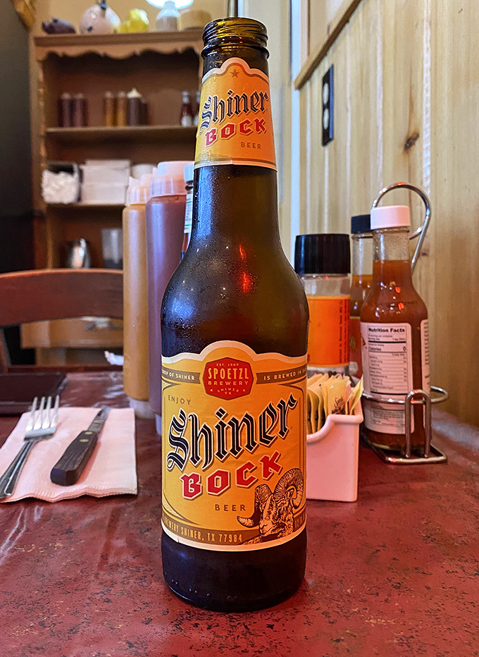 A cold Shiner Bock stands ready to douse the delicious flames of BBQ spice—the firefighter of beverages.
