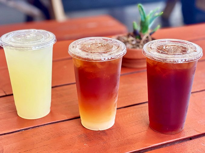 Sweet tea and other refreshments standing by, ready to cool the pleasant burn of perfectly spiced barbecue on a California afternoon.