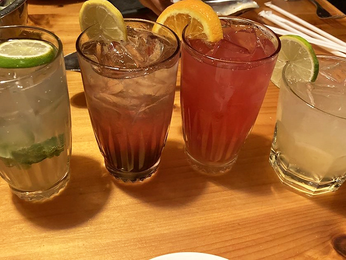 Cocktails lined up like liquid courage before the main event &ndash; each promising its own path to steakhouse bliss.