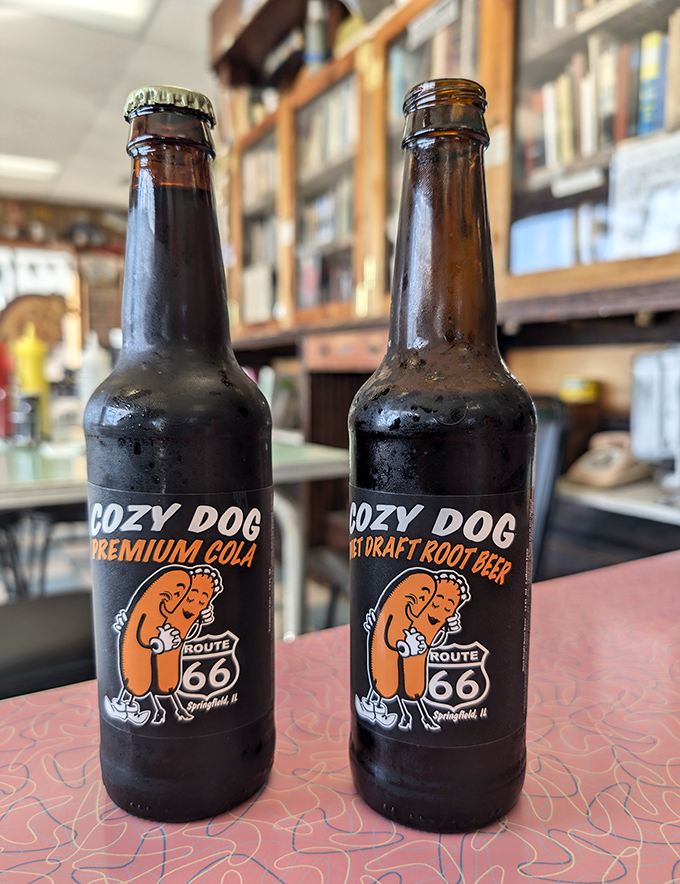 Cozy Dog's branded sodas&mdash;because nothing washes down Route 66 nostalgia quite like a custom root beer that doesn't need a hipster backstory to taste good.