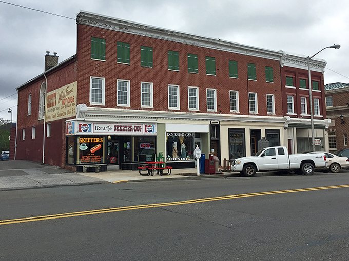 Skeeter's World Famous Hot Dogs occupies prime real estate in this historic brick building, where affordable comfort food has satisfied locals for generations.