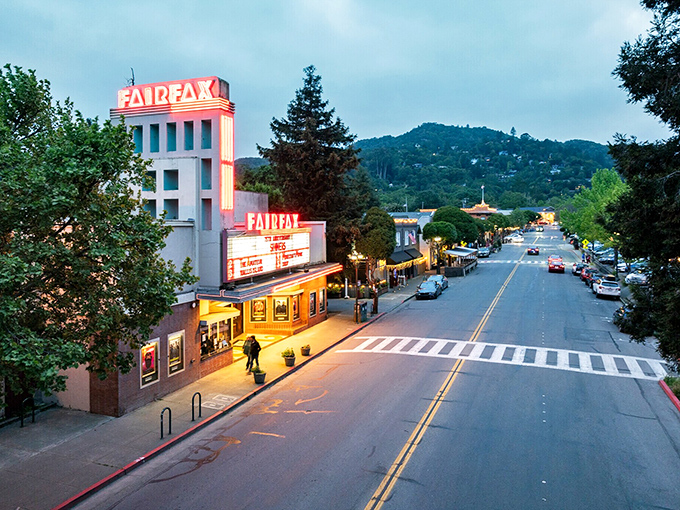 Just a short drive away, the historic Fairfax Theater glows at dusk—a reminder that small-town cinema magic still exists in our Netflix world.