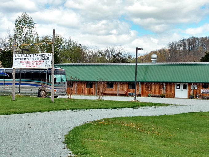 Fall Hollow Campground welcomes travelers with rustic charm, hearty meals, and a cozy place to rest.