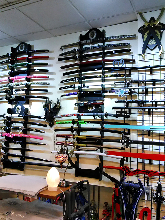 Someone's clearly preparing for the zombie apocalypse with this impressive collection of decorative weaponry.