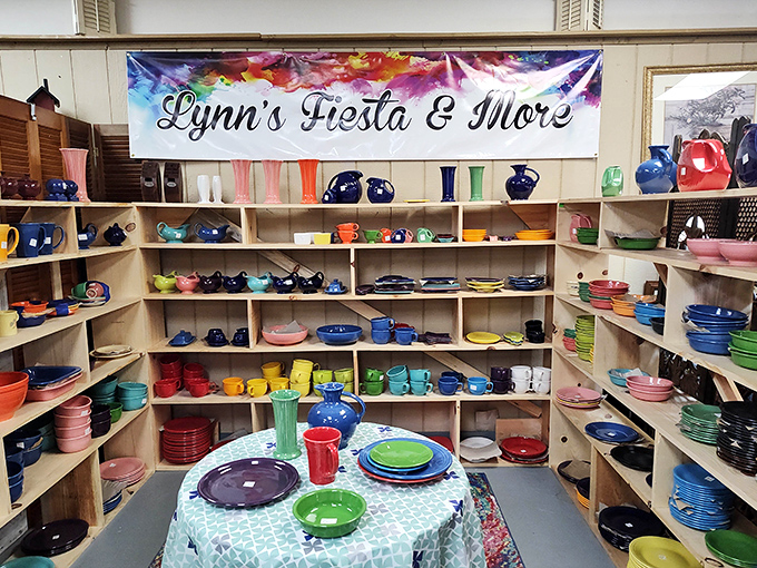 A rainbow explosion of Fiestaware transforms ordinary shelves into a color therapy session. Dinner guests impressed, Instagram followers envious.
