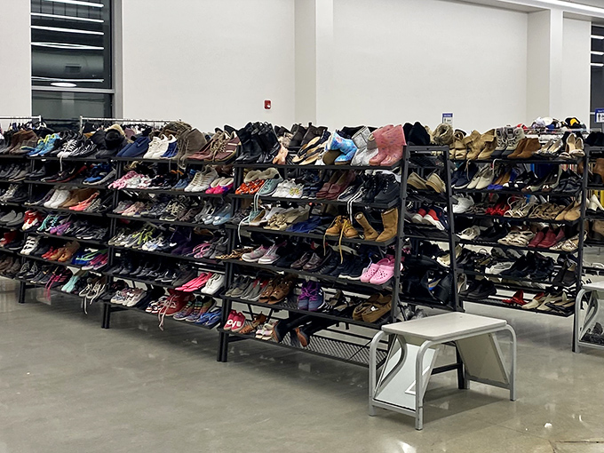 Shoe paradise or footwear museum? Either way, these racks hold everything from barely-worn sneakers to that perfect pair of leather boots you've been hunting for.