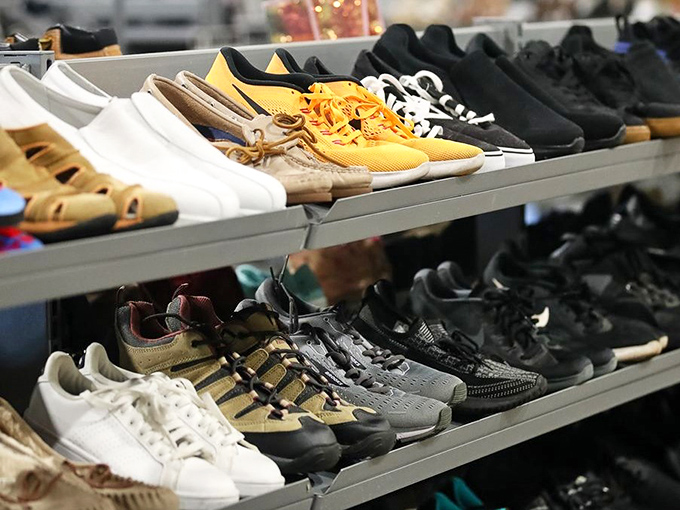 Footwear fantasies come true in the shoe section, where those bright yellow sneakers are practically begging for a second chance at adventure.