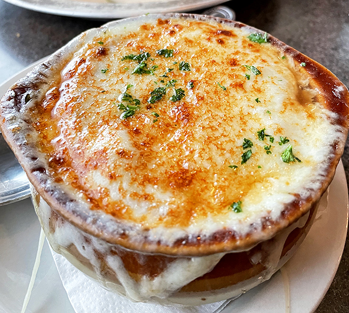 French onion soup with a cheese pull that deserves its own slow-motion sequence. Comfort in a crock.