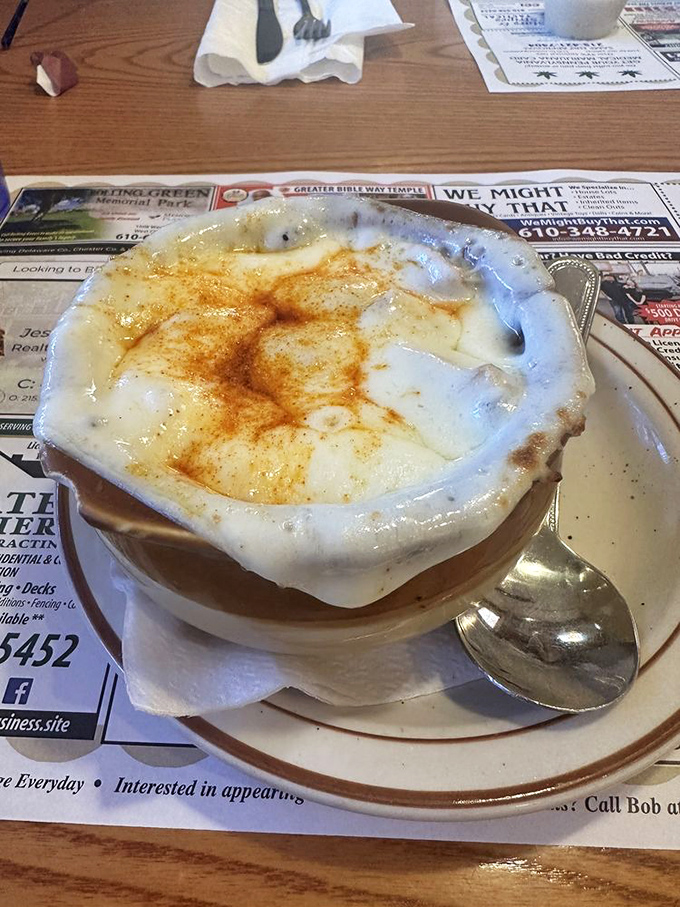 French onion soup that's achieved the perfect cheese-to-broth ratio &ndash; a warm, gooey masterpiece that's worth the inevitable chin dribble.