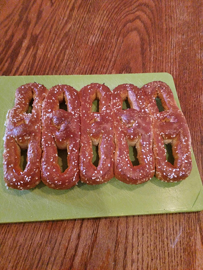 The iconic Philly pretzel shape&mdash;more rectangular than its Bavarian cousins&mdash;lined up like delicious dominos waiting to brighten someone's day. 