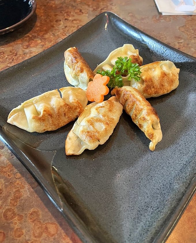 These gyoza dumplings, arranged like a delicious flower, are the perfect marriage of crispy bottoms and tender tops.