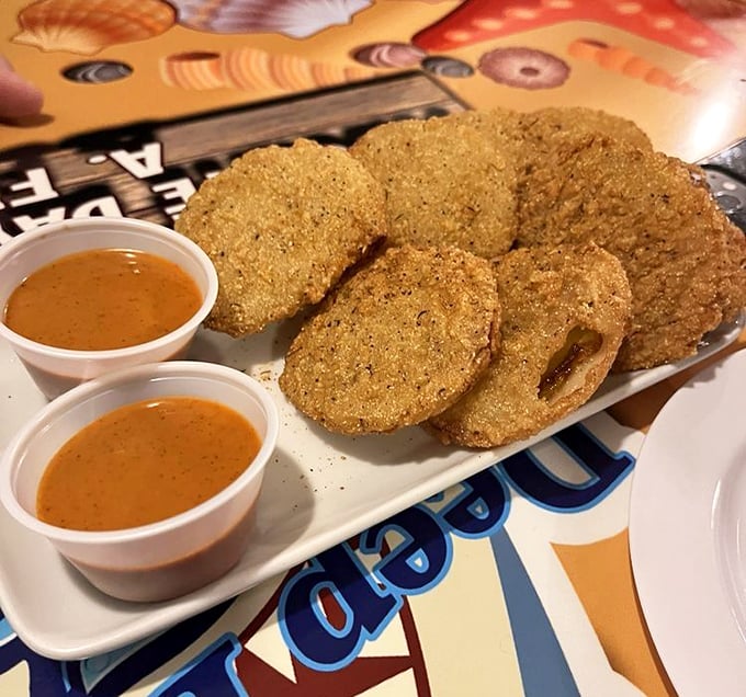 Fried pickles might seem like the odd one out at a seafood joint, but they provide the perfect tangy interlude between oceanic courses.