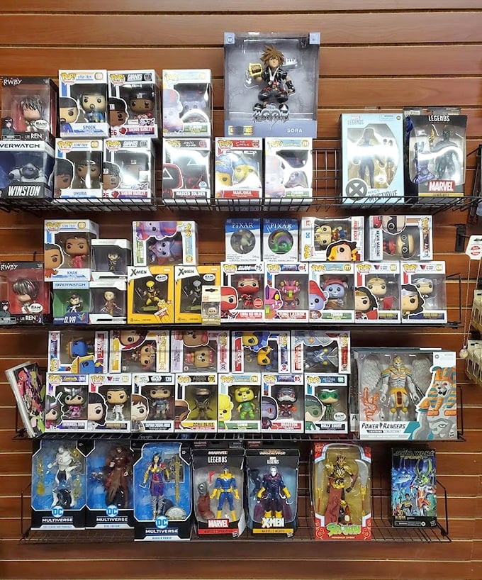 Pop culture preserved in plastic! These Funko figurines stand at attention like tiny sentinels guarding fandoms from Marvel to Star Wars, waiting for their forever display shelves.