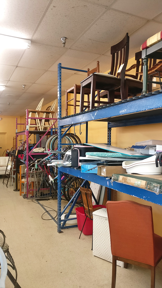 Furniture tetris at its finest&mdash;chairs stacked to the ceiling like a modern art installation dedicated to "places to sit."