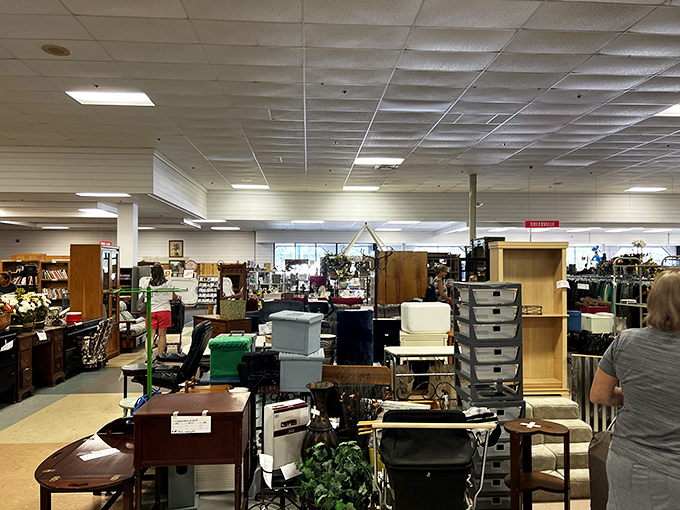 The furniture section&mdash;where that perfect side table you never knew you needed patiently waits among the wooden warriors.