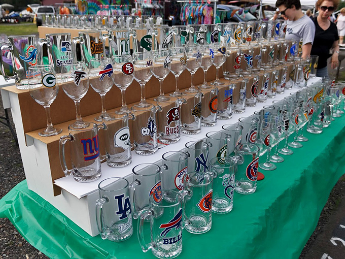 Sports fans raise a glass &ndash; or rather, find one &ndash; at this display of team-branded drinkware, where rivalries are temporarily forgotten in the hunt for memorabilia.