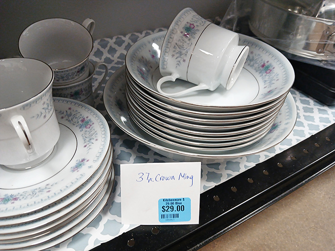 Fine china that didn't make the cut in someone else's downsizing is your dining table's new best friend. Fancy tea party, anyone?