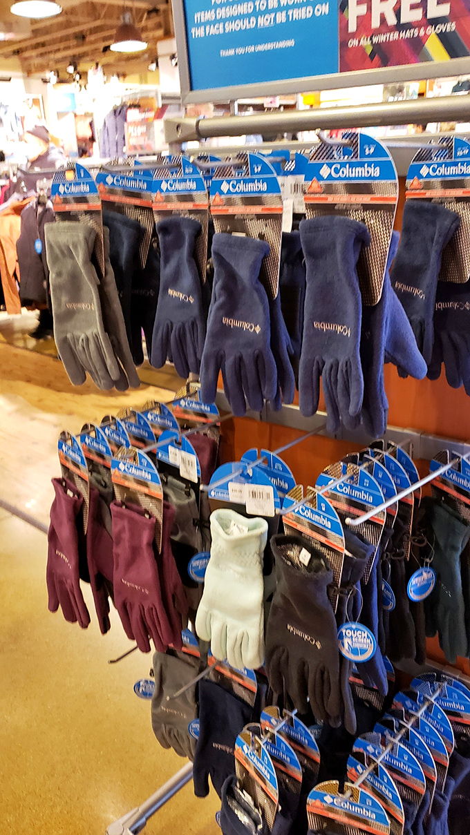 Columbia gloves galore! Perfect for Indiana's unpredictable weather, these fleece hand-warmers are priced so reasonably you might buy a pair in every color.