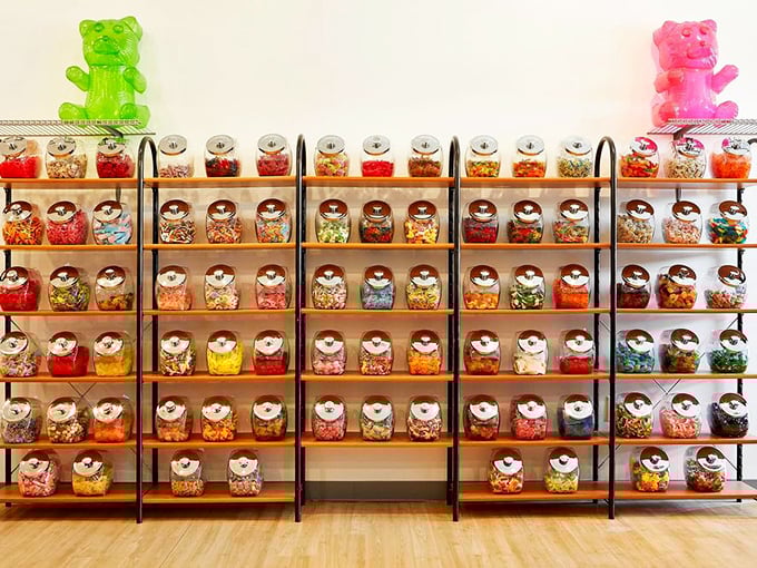 Jars of happiness arranged with military precision. Each gummy bear container is a transparent treasure chest of childhood memories waiting to be unlocked.