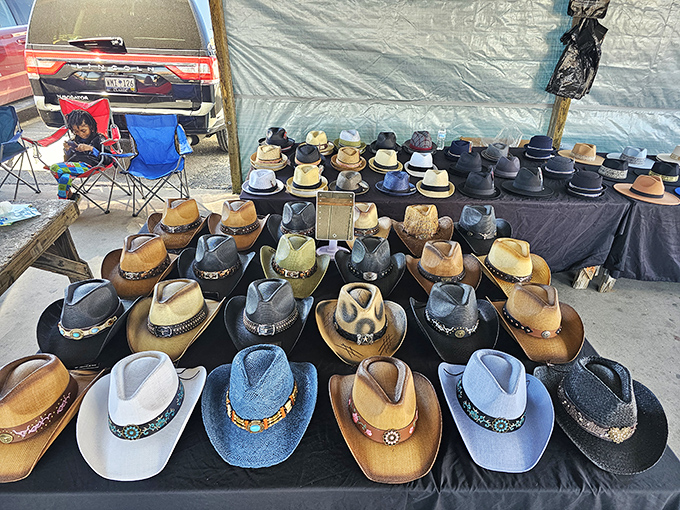 Cowboy hats tip their brims to potential owners, each one promising to transform an ordinary South Carolinian into a weekend wrangler.