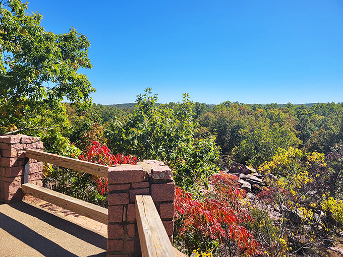 Autumn paints the Arcadia Valley in spectacular color, offering a breathtaking backdrop to the ancient pink granite formations below.