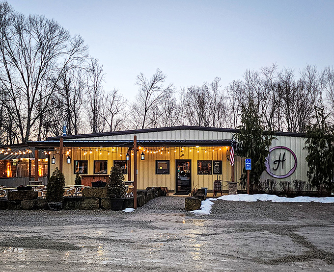 The warm glow of string lights welcomes visitors to Hocking Hills Winery, where retirement evenings transform into tastings under the stars.