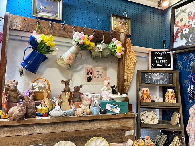 Easter decor that's hopped straight out of the 1960s. Those ceramic bunnies have seen more spring celebrations than most of us.