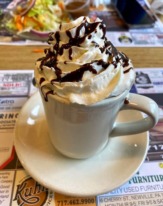 Hot chocolate crowned with a swirl of whipped cream and chocolate drizzle. The kind of drink that makes you wonder why anyone bothers with fancy coffee shops.