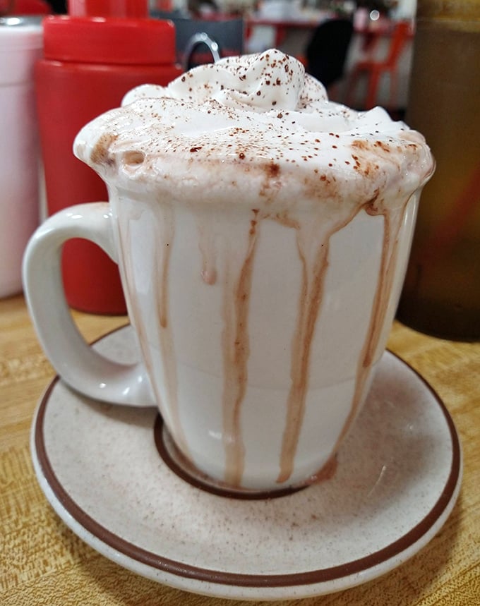 Hot chocolate that doesn't come from a packet, topped with real whipped cream and a dusting of cocoa. Winter comfort in a mug.