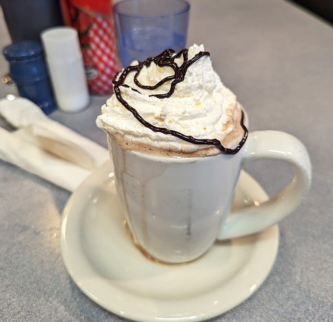 Hot chocolate that wears its whipped cream crown with pride, drizzled with chocolate like it's dressed for a special occasion.