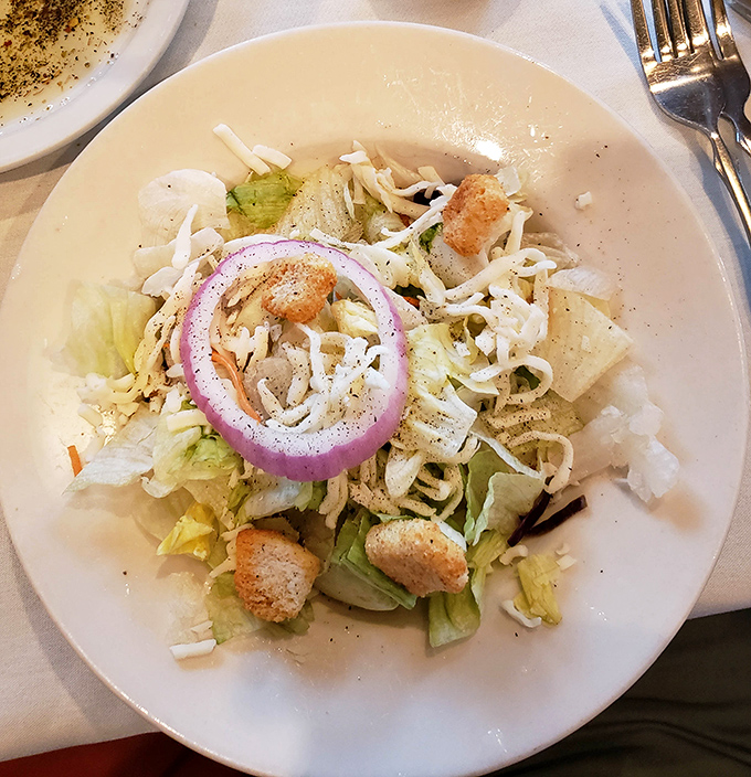 Even the salad gets special treatment—crisp, fresh, and adorned with a perfect red onion ring like a halo for good behavior.