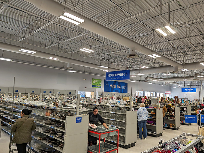 Housewares section &ndash; where someone else's abandoned kitchen dreams become your practical treasures. Those serving platters have stories to tell.