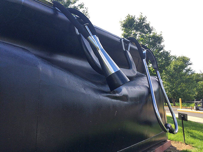 That stethoscope could probably hear heartbeats in Philadelphia. Talk about thorough examinations!