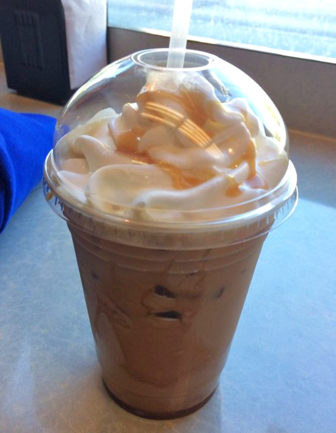 Their caramel latte doesn't need fancy latte art&mdash;the whipped cream mountain and caramel rivers speak a universal language of comfort.