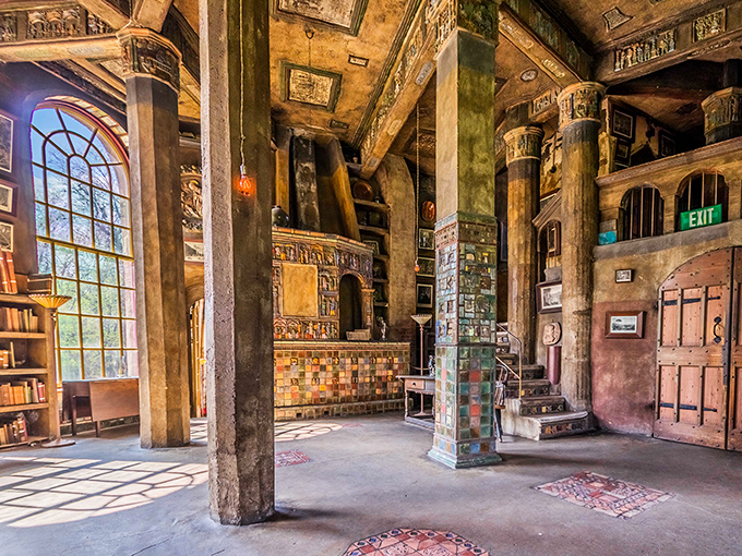 Columns rise like ancient trees in this grand hall, where every surface tells a story and every shadow hides a secret. 
