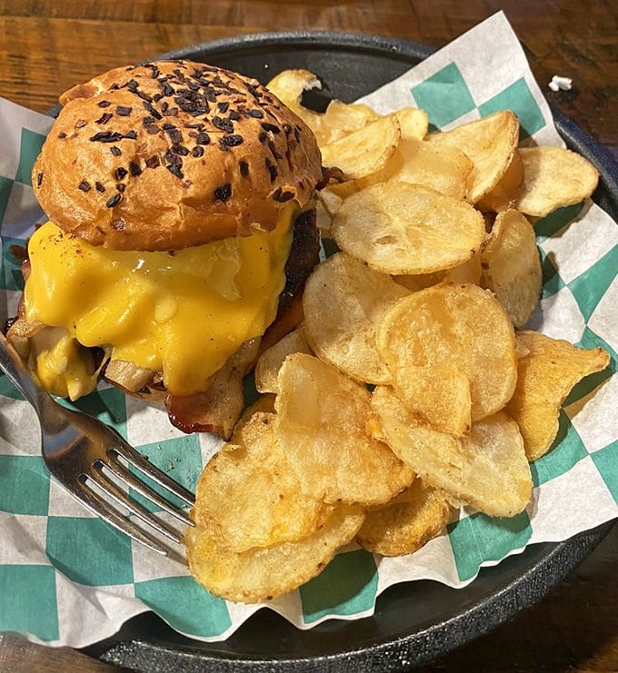 A burger that would make St. Patrick himself weep with joy. The pretzel bun crowns this masterpiece like the pot of gold at the end of a delicious rainbow.