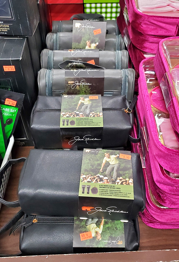 Jack Nicklaus travel kits lined up like soldiers ready for duty. Golf legend on your toiletry bag, championship confidence in your morning routine.
