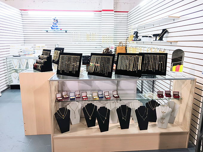 Jewelry displays gleam under fluorescent lights, proving that bling doesn't require a second mortgage to make your outfit pop.