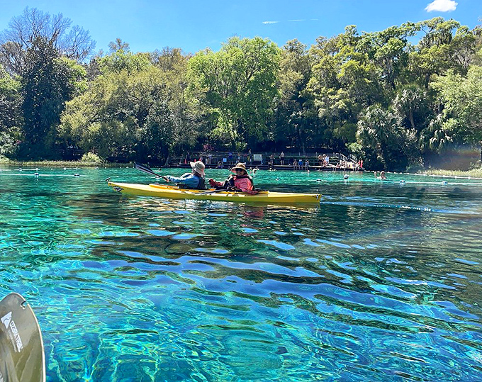 Two kayakers glide through waters so clear they appear to be floating on air&mdash;Rainbow River's visibility rivals the Caribbean without the passport requirement.