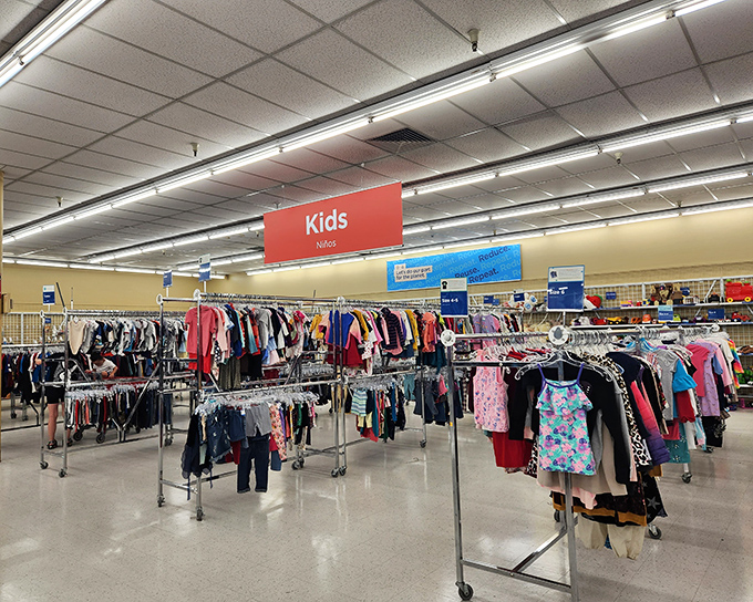 The kids' section: where parents' budgets breathe sighs of relief while children discover "new" wardrobes that won't be outgrown before they're outfitted. 