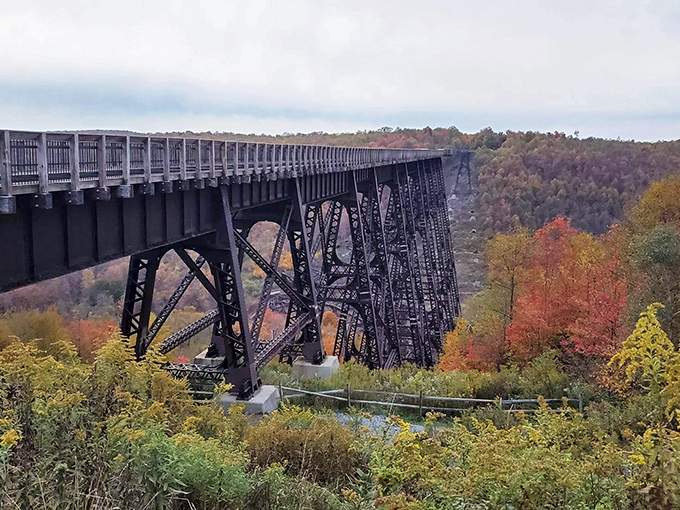 The Kinzua Sky Walk extends dramatically into thin air, showcasing both human engineering and nature's destructive power in one breathtaking vista.