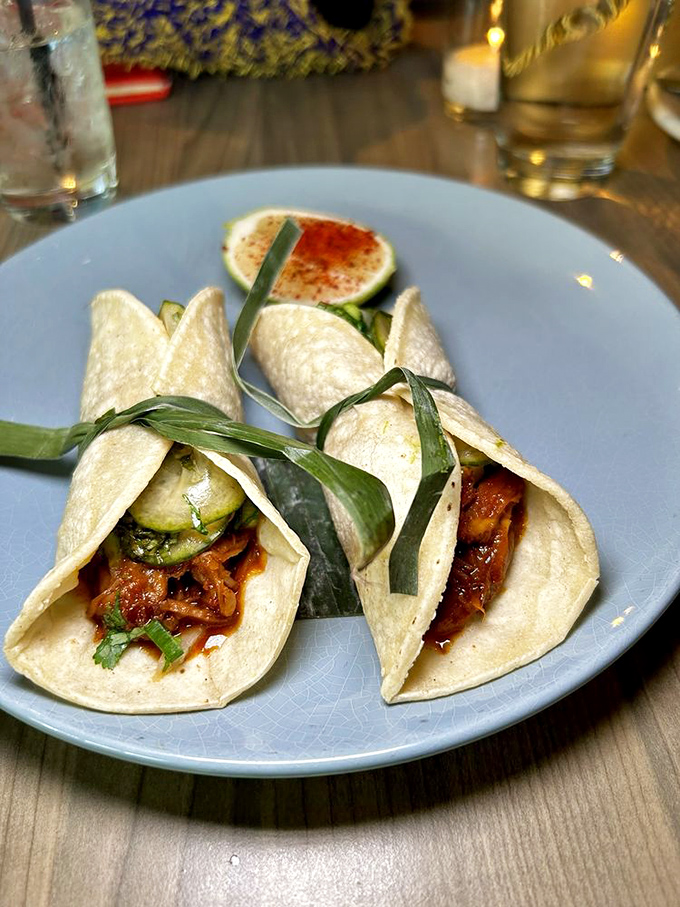 These delicate tacos tied with green scallion ribbons are like little edible gift packages for your taste buds.