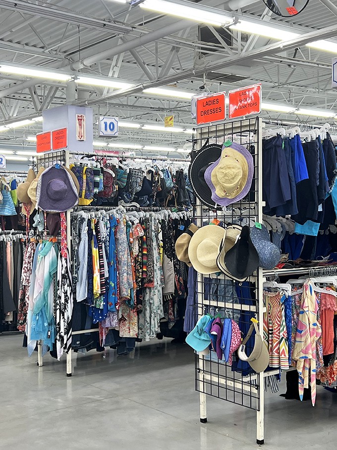 Summer dresses and sun hats create a vacation-ready corner where savvy shoppers can build a seasonal wardrobe for less than dinner for two.