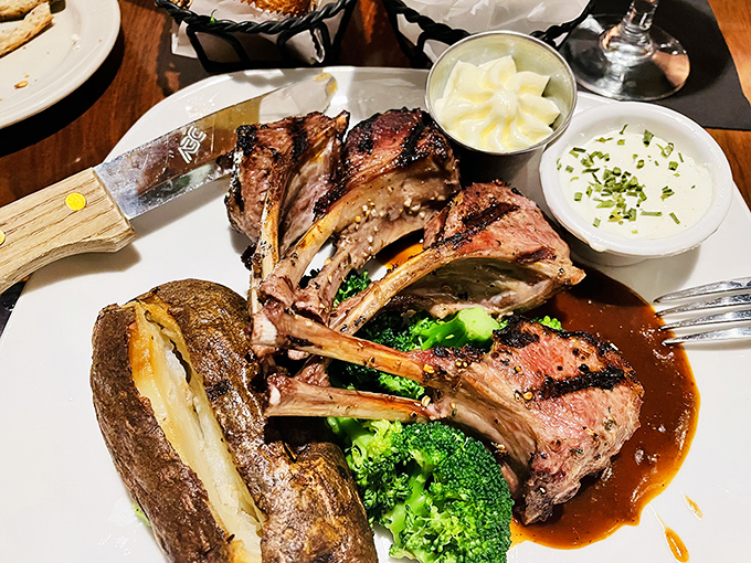 Lamb chops standing at attention like meaty soldiers, their perfectly charred exterior guarding juicy pink treasures within.
