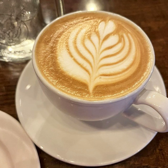 Coffee art so pretty you almost don't want to drink it. Almost. That leaf pattern is the barista equivalent of Michelangelo saying, "Yeah, I doodle sometimes."