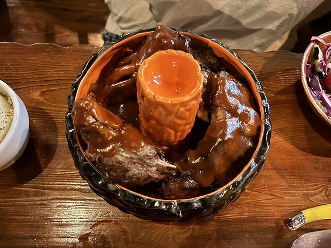 The Lava Mountain BBQ ribs arrive in what looks like a volcanic cauldron, tender enough to fall off the bone with just a stern glance.