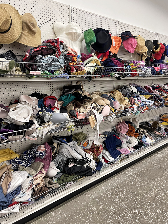 A colorful chaos of hats and accessories creates a fashionista's playground where yesterday's styles become tomorrow's vintage statement pieces.
