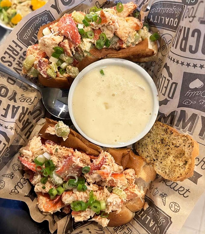 Lobster rolls and creamy soup—the kind of lunch that makes you wonder why you ever waste calories on mediocre meals.