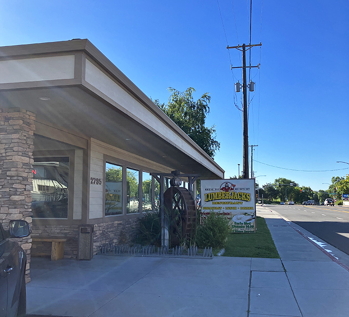 Lumberjacks Restaurant announces its presence with a water wheel that's never actually milled anything except appetites for hearty, lumberjack-sized portions.
