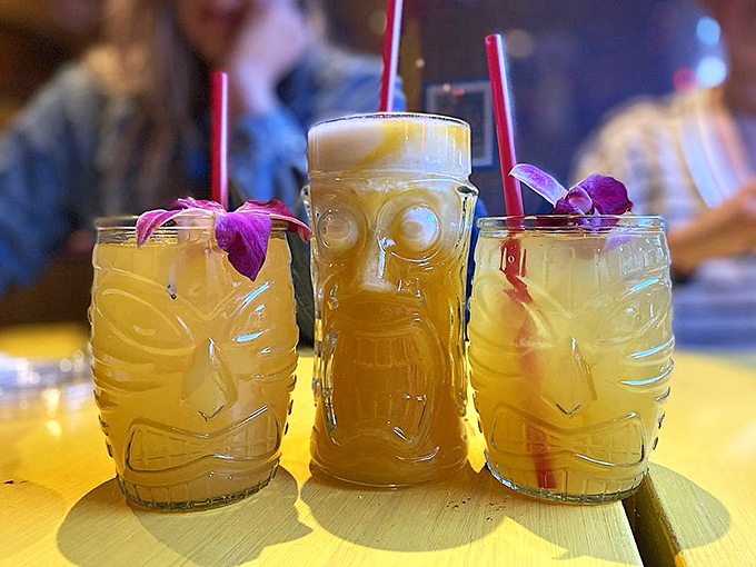 Those tiki-style glasses hold liquid sunshine, proving that happiness sometimes comes with a colorful straw and flower garnish.